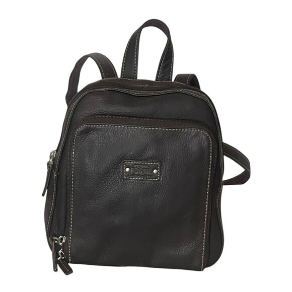 Fossil | Bags | Fossil Small Backpack Brown Leather Double Pocket Zip ...